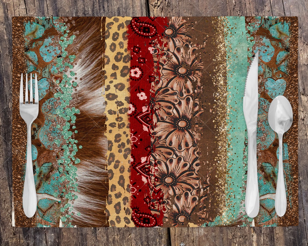 Linen Placemat Western Brushstroke Design Tooled Leather & Turquoise ...