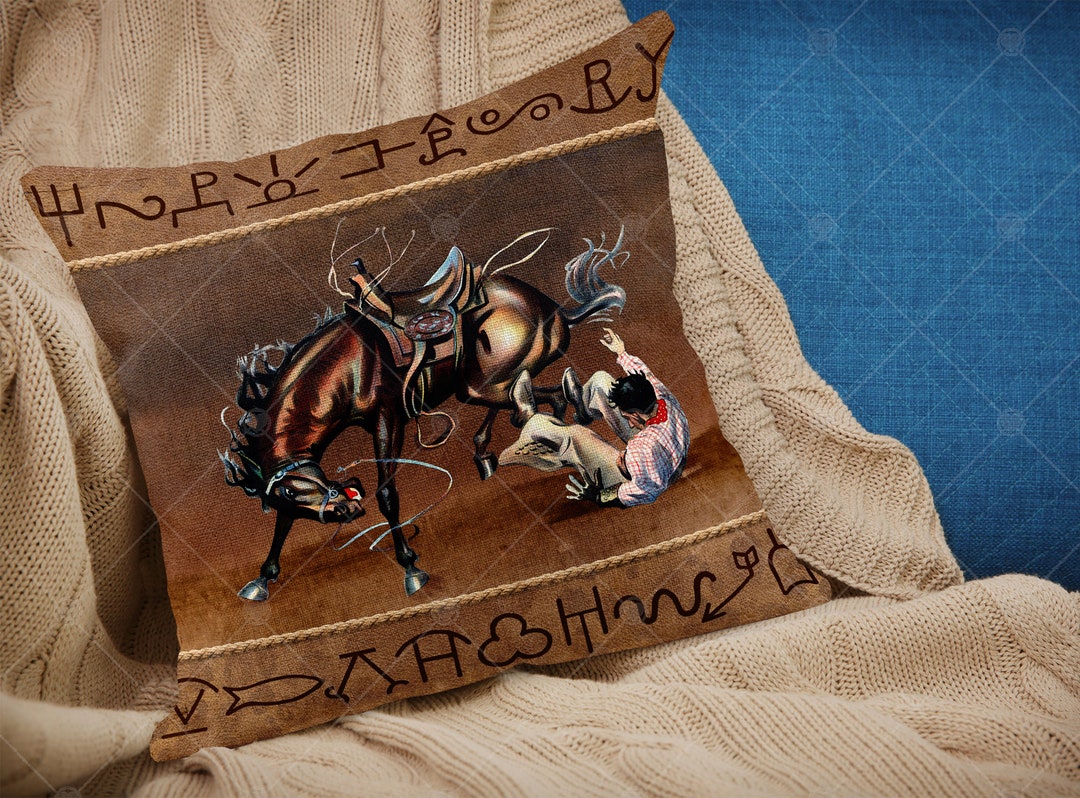 Linen Pillow Cover Western Rodeo Cowboy Bucked off Bucking Bronc Ranch ...