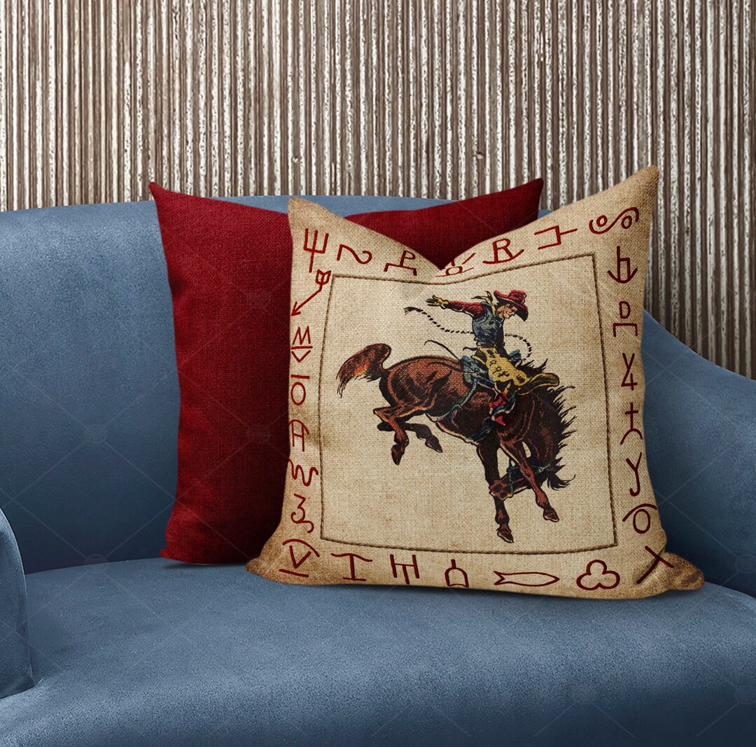 Linen Pillow 20x20 & up | Vintage Western Cowboy Brands Red | Ranch ...