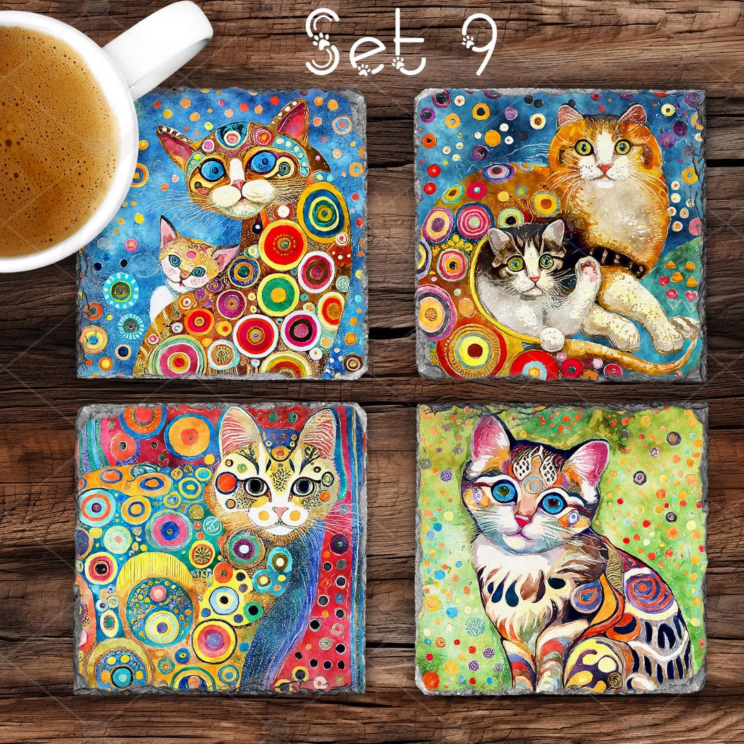 Cat Watercolor Art Slate Stone Coaster Set | Spotted Wild Cats | Klimt ...