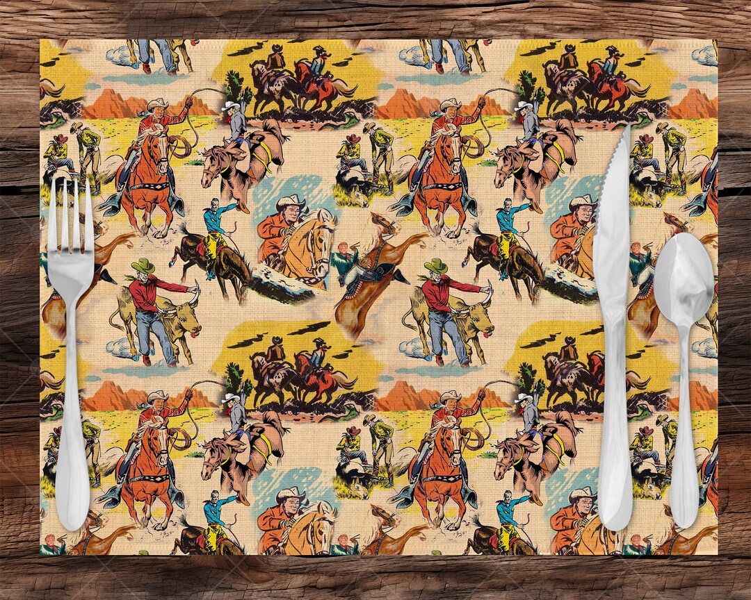 Rodeo Cowboys Linen Placemat Vintage Western Cowboy Collage Bronc Rider ...