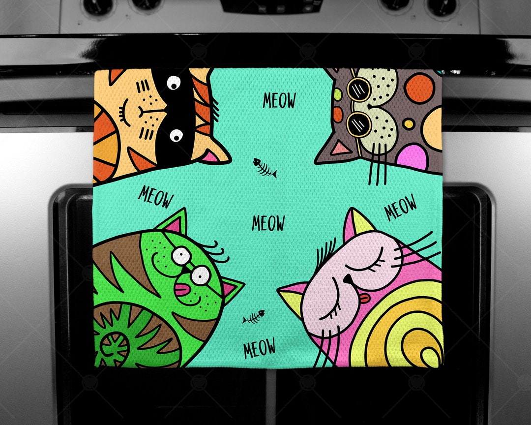 Waffle Weave Hand Towel | Cartoon Doodle Cats | Meow Fish Bones | Cat ...