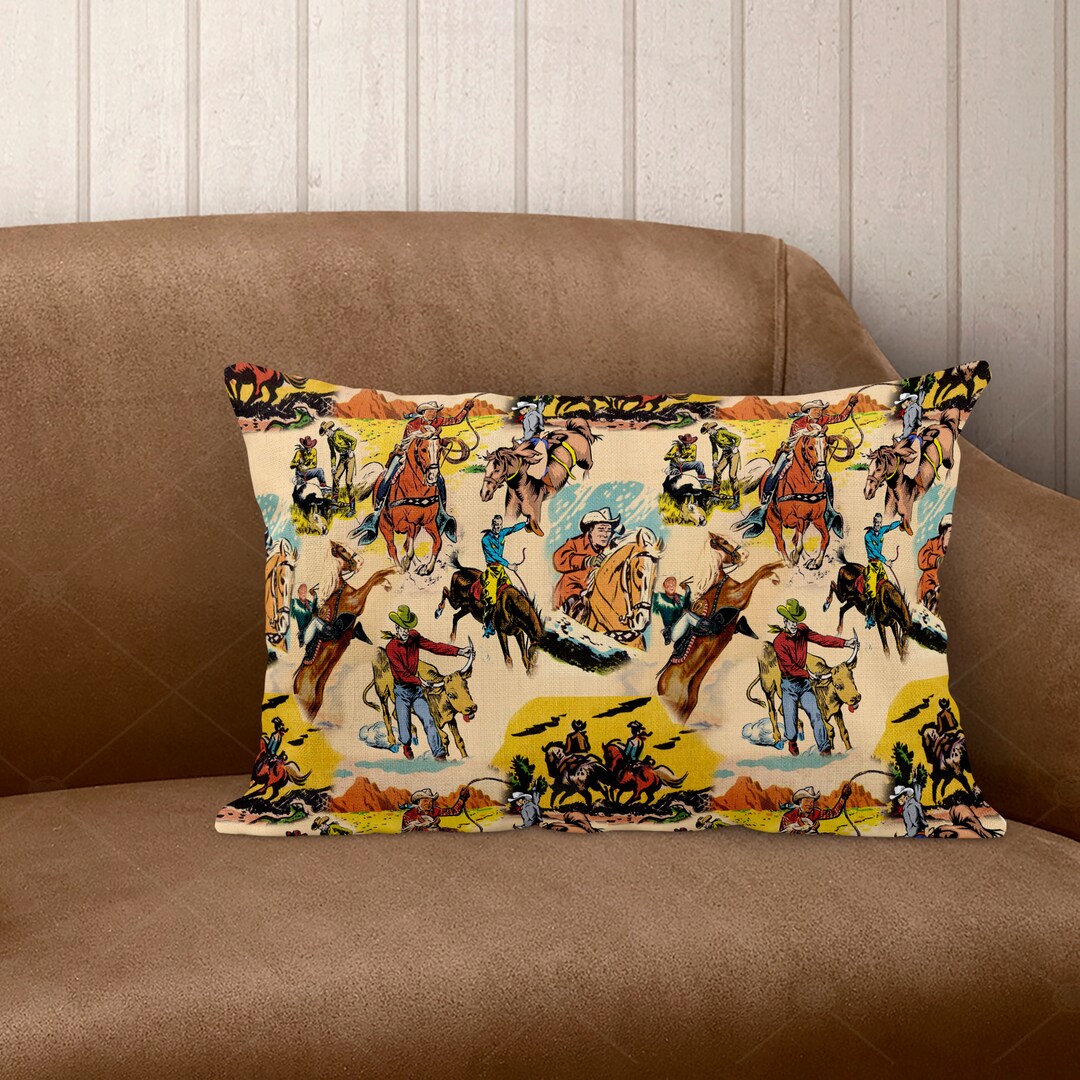Linen Lumbar Pillow Vintage Rodeo Cowboy Western Decor Country Living ...
