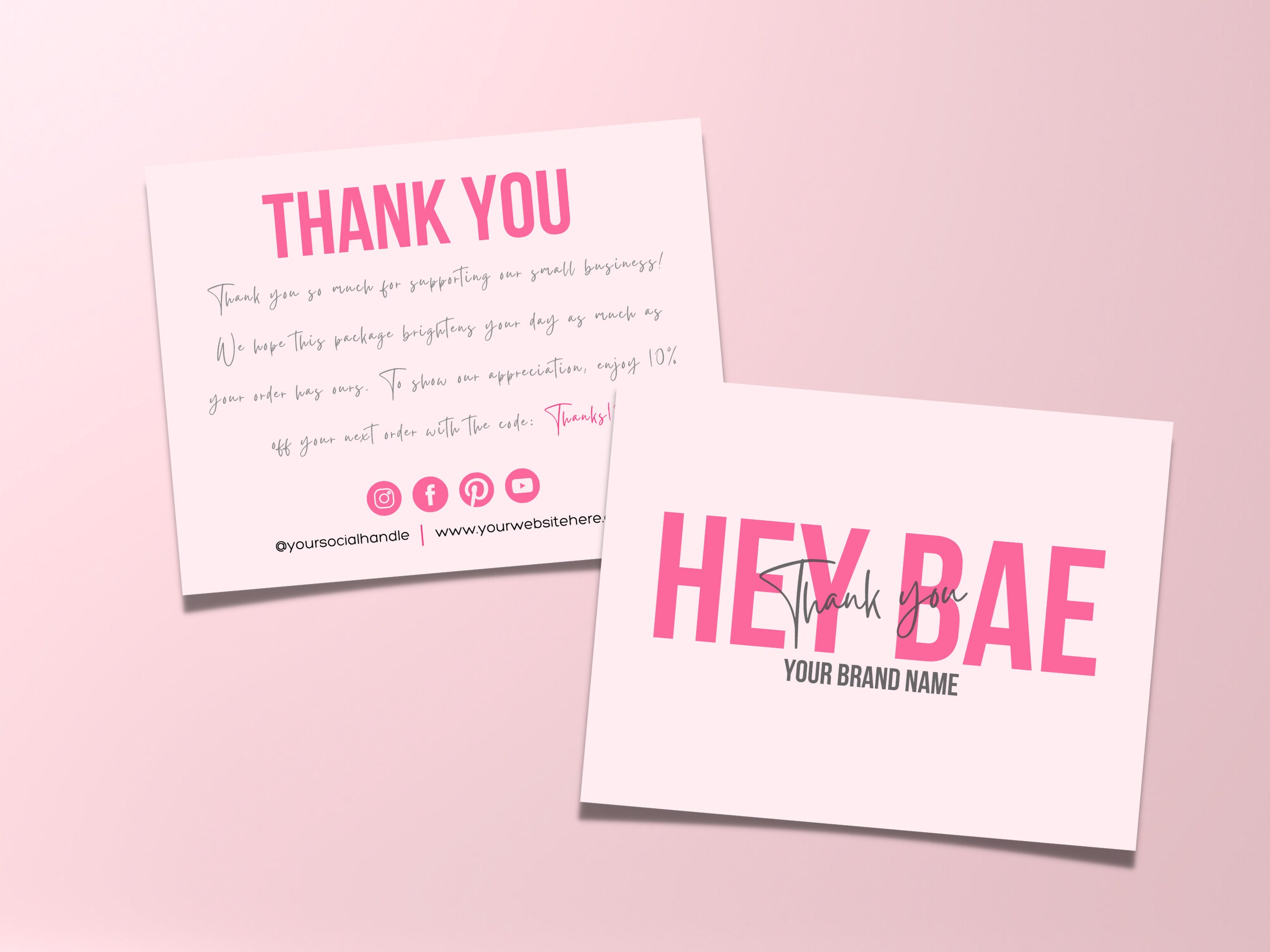 Hey Bae Pink Cursive Style Card Template, Editable Thank You Card ...