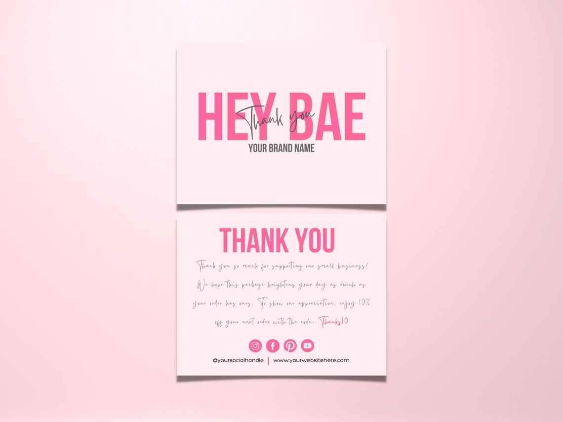 Hey Bae Pink Cursive Style Card Template, Editable Thank You Card ...