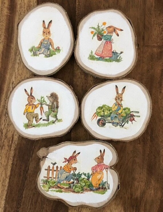 Vintage Style Bunny Wood Slice Hanging Decoration | Etsy