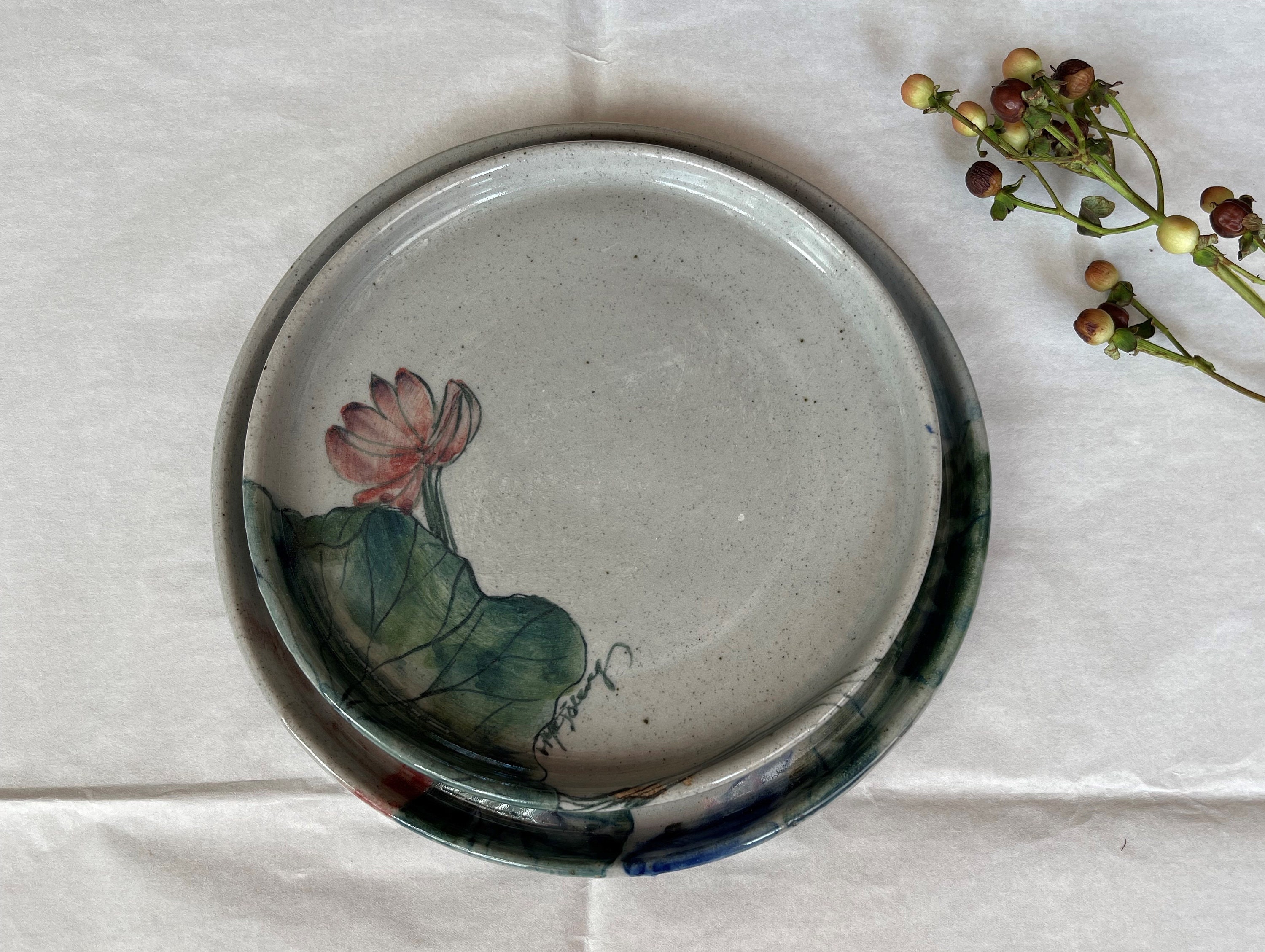 Lotus Ceramic Plate Lotus Leaf Nature Pattern Handmade Pottery Plate ...