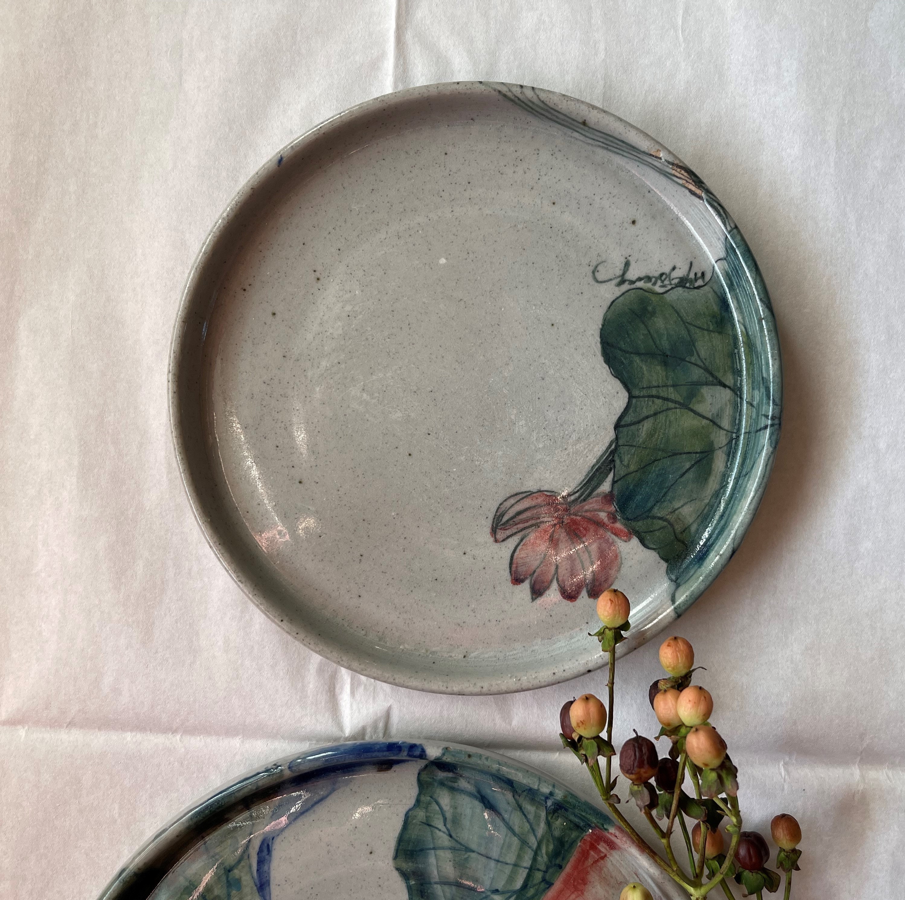 Lotus Ceramic Plate Lotus Leaf Nature Pattern Handmade Pottery Plate ...