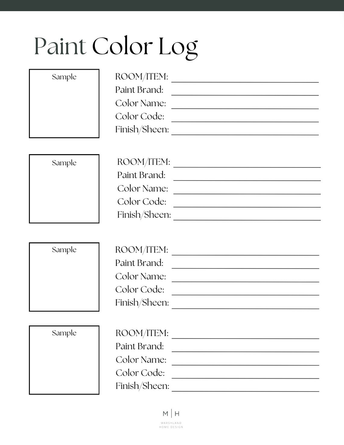 Project Design Paint Color Log - Etsy