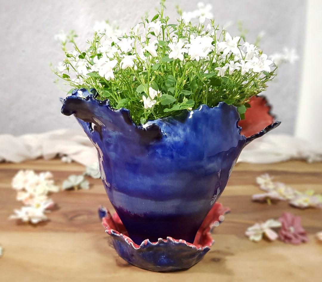 Bartholomew Planter With Matching Saucer, Unique, Ceramic, Cobalt Blue ...