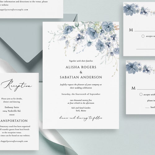 Dusty Blue Wedding Invitation Template Wedding Invite - Etsy