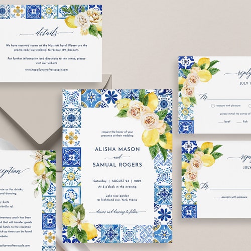 Mediterranean Lemon Baptism Invitation Template Italian Blue - Etsy