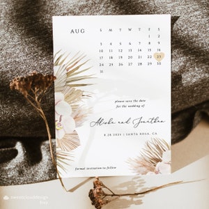 BOHO Pampas Grass Calendar Save the Date Template Palm Leaf and Orchid ...