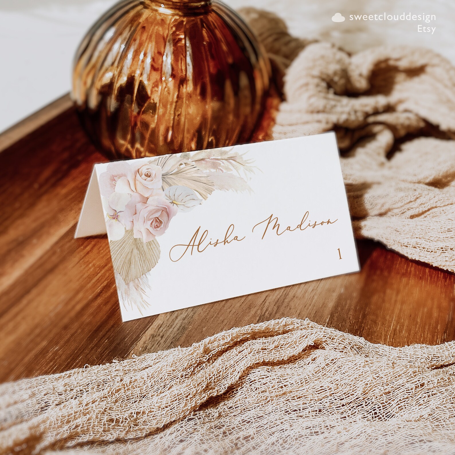 Blush Boho Place Card Template,pink Floral Bohemian Name Card ,pampas ...