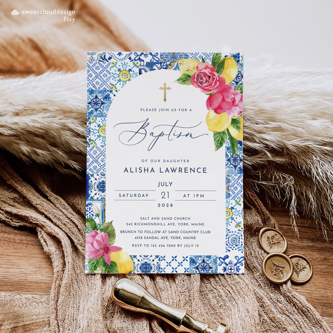 Baptism Invitation Template Mediterranean Lemon Baptism Card Gold Cross ...
