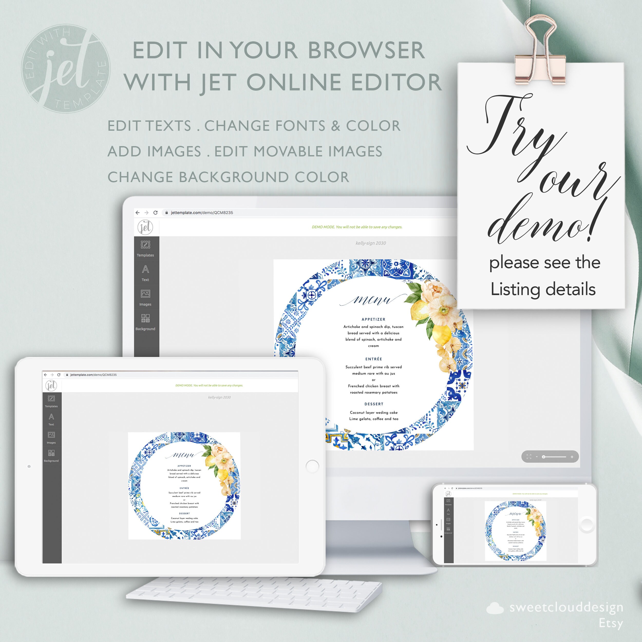 Blue Tile Round Table Menu Template Italy Blue Tile and Lemon - Etsy