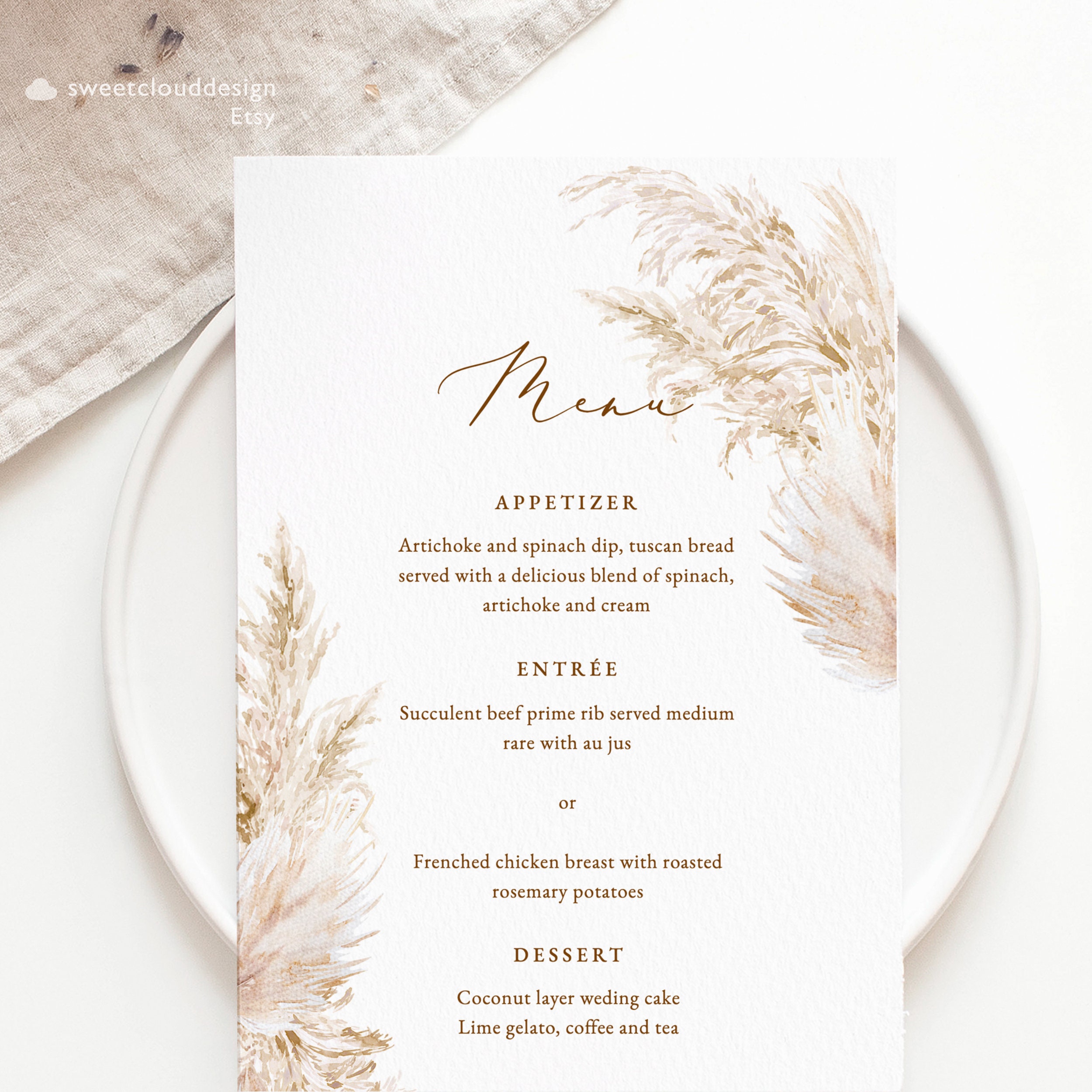 Pampas Grass Menu Card Template BOHO Pampas Grass Printable Menu ...