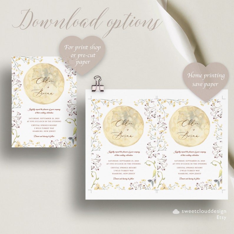 Full Moon Wedding Invitation Set Template Autumn Floral - Etsy