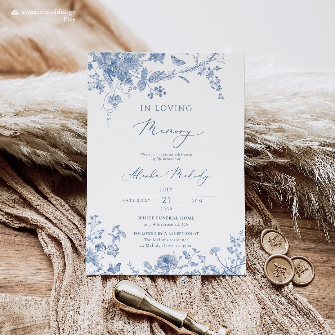 Dusty Blue Floral Funeral Invitation Vintage Blue Floral Funeral ...