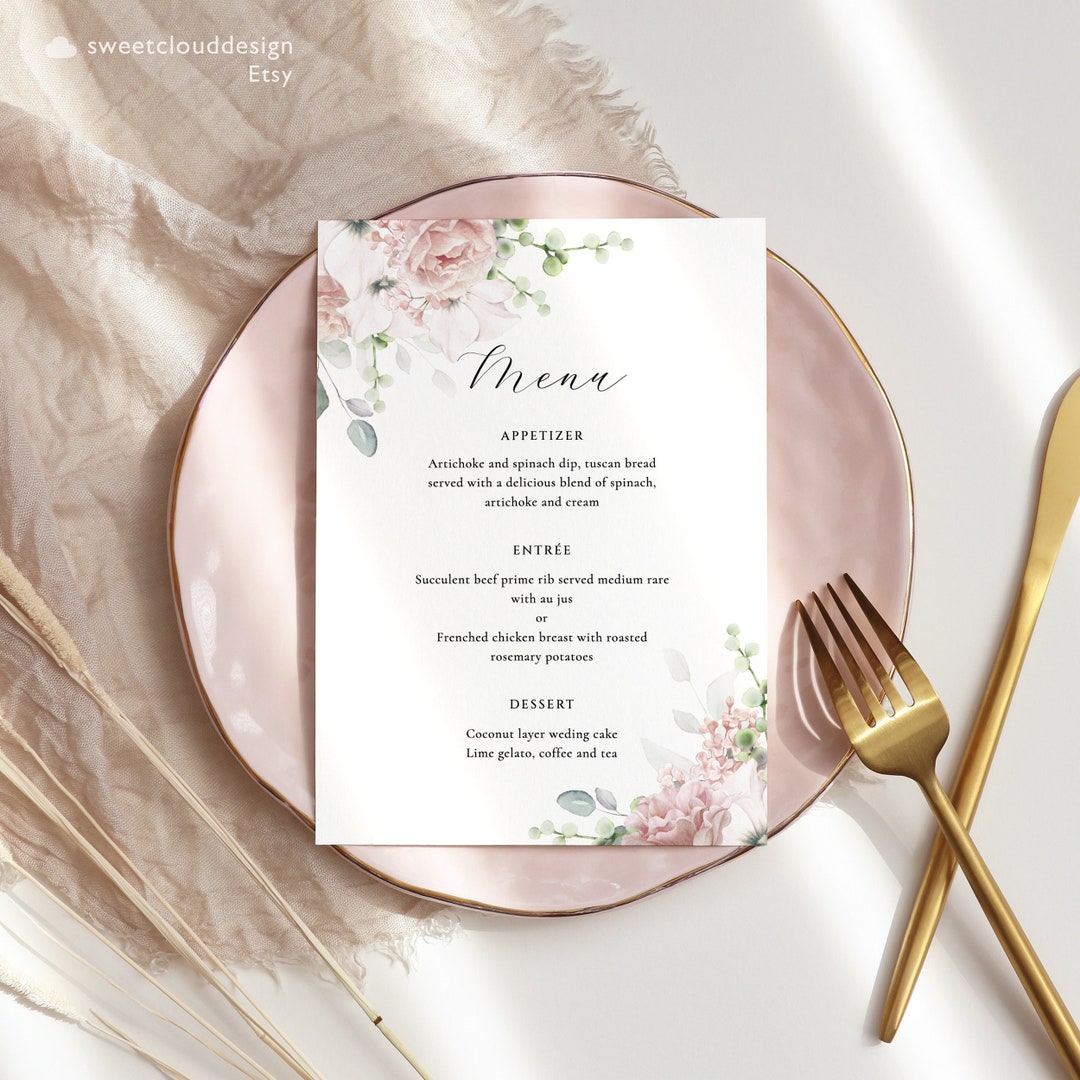 Dusty Pink Floral Wedding Menu Template Greenery Menu Printable Dusk ...