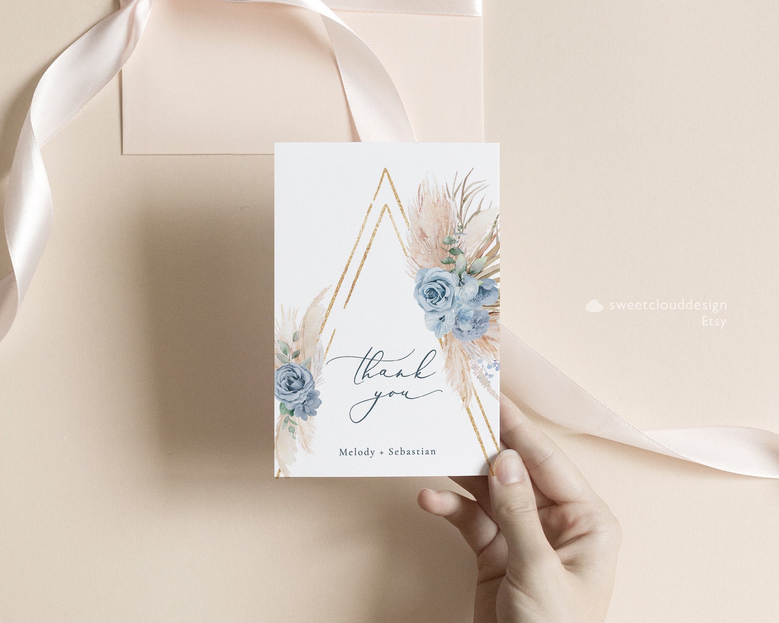 Dusty Blue and Gold Thank You Card Template Steel Blue Arch Thank You ...