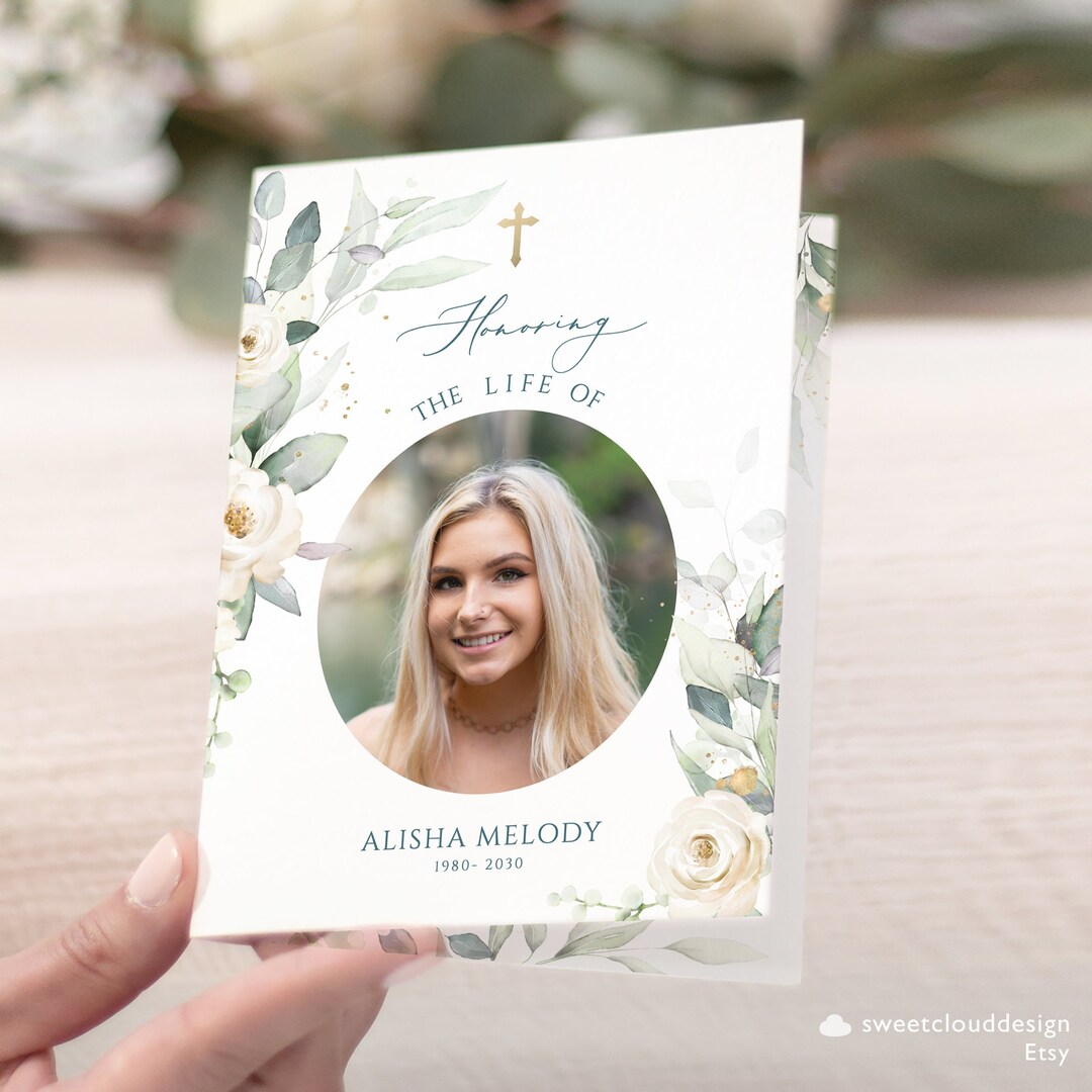 Greenery White Flower Funeral Program Booklet White Rose Ceremony ...