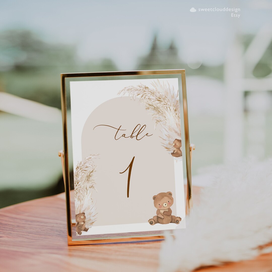 Teddy Bear Table Number Pampas Grass Teddy Bear Table Number Card Boho ...