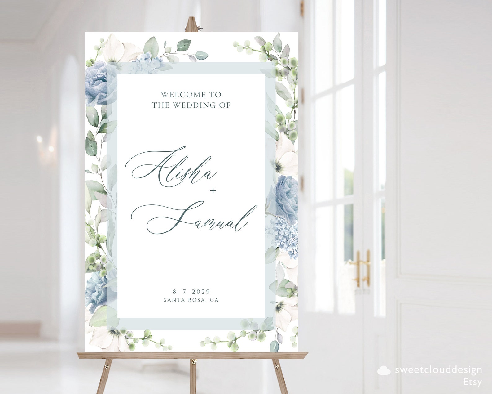 Steel Blue Floral Wedding Sign Dusty Blue Flower Welcome Wedding Sign ...