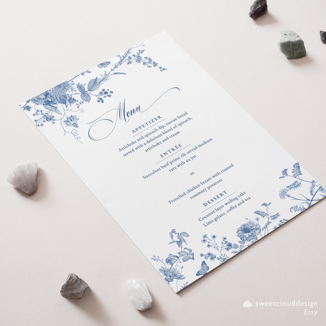 Dusty Blue Flower Menu Template Steel Blue Floral Wedding Menu Blue ...