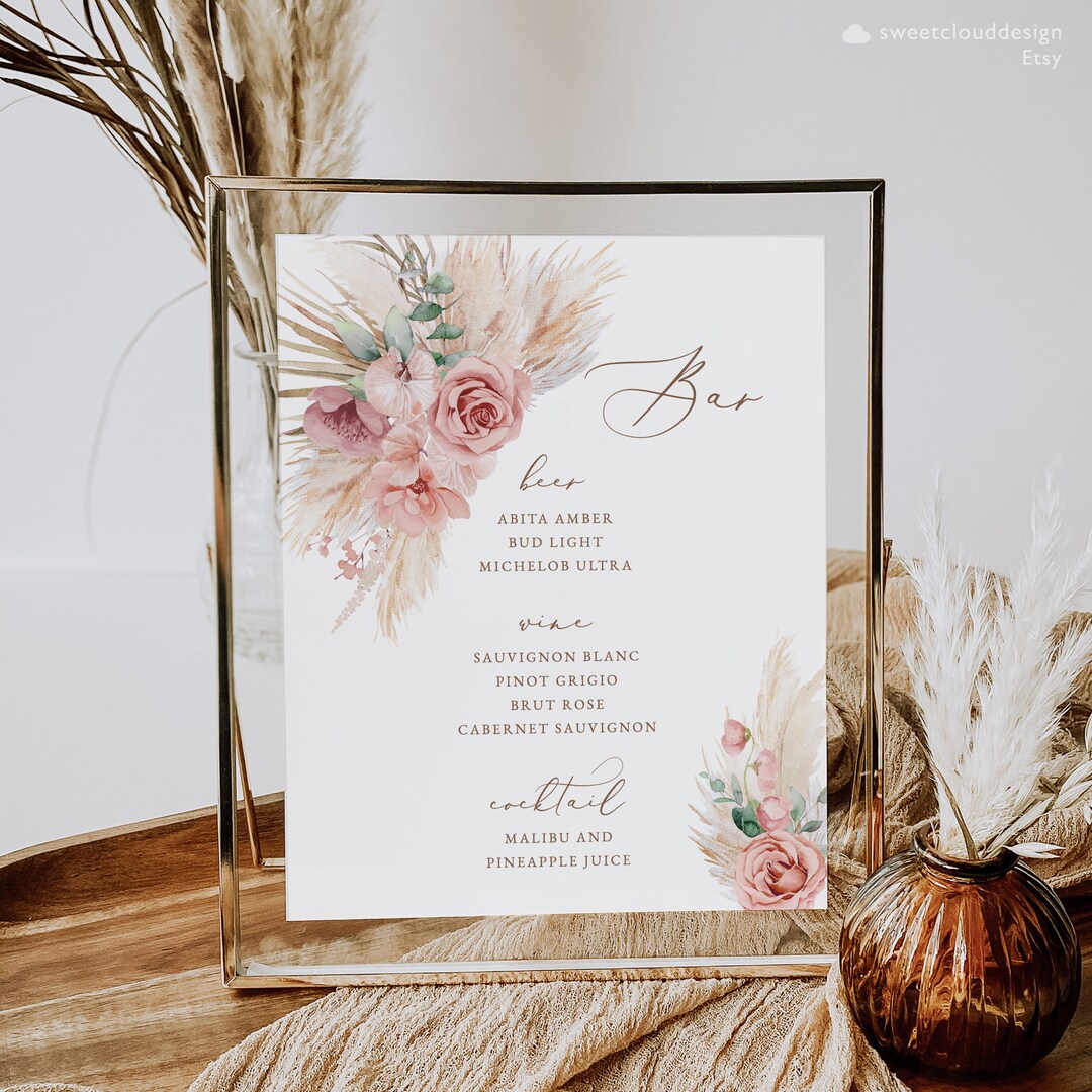 Dusty Pink Boho Bar Menu Sign Template,pink Floral Pampas Grass Bar ...