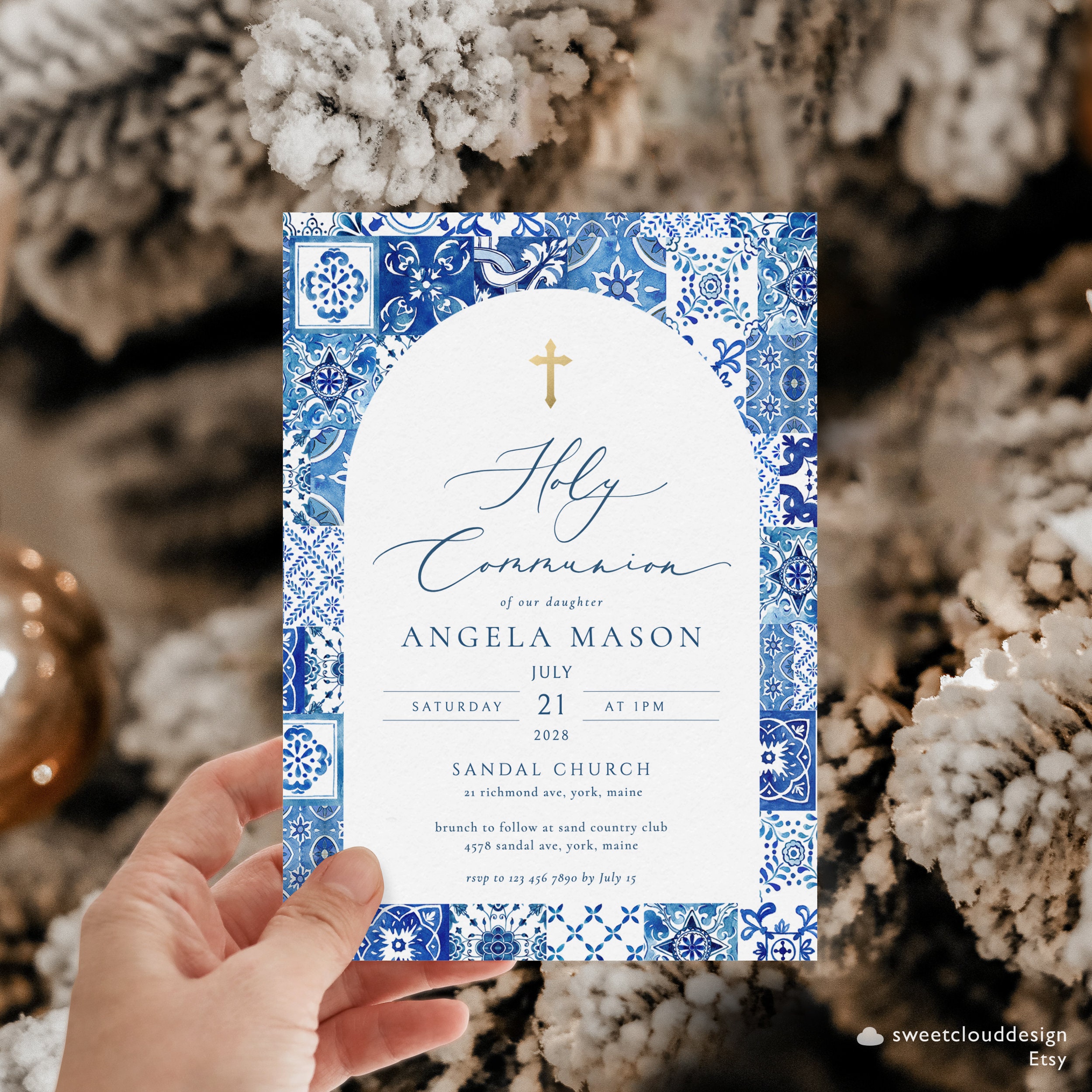 Blue Tile Holy Communion Invitation Template Mediterranean Tile First ...
