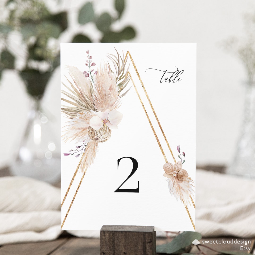 Boho Table Number Boho Orchid Wedding Table Number Pampas Grass Table ...