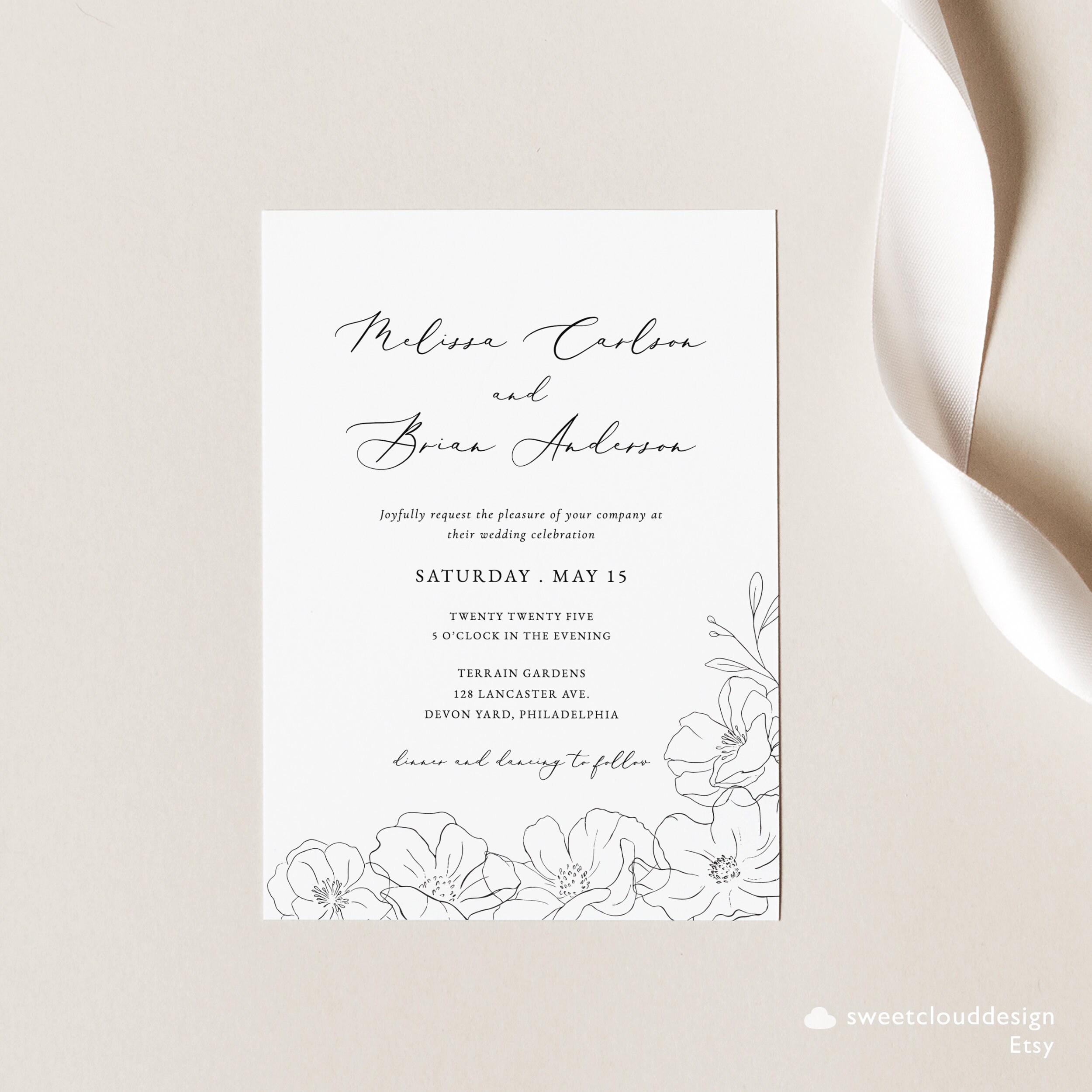 Simple Floral Wedding Invitation Template Line Flower Editable - Etsy