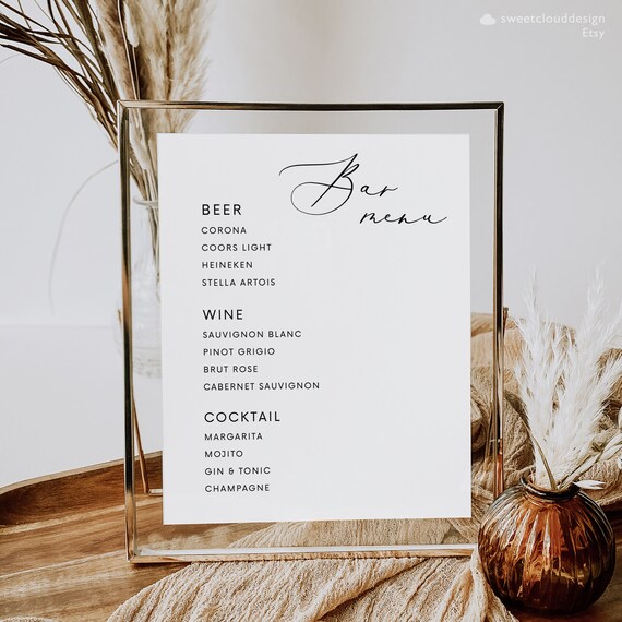 Simple Bar Menu Sign Drink Bar Sign Table Cocktails Sign | Etsy