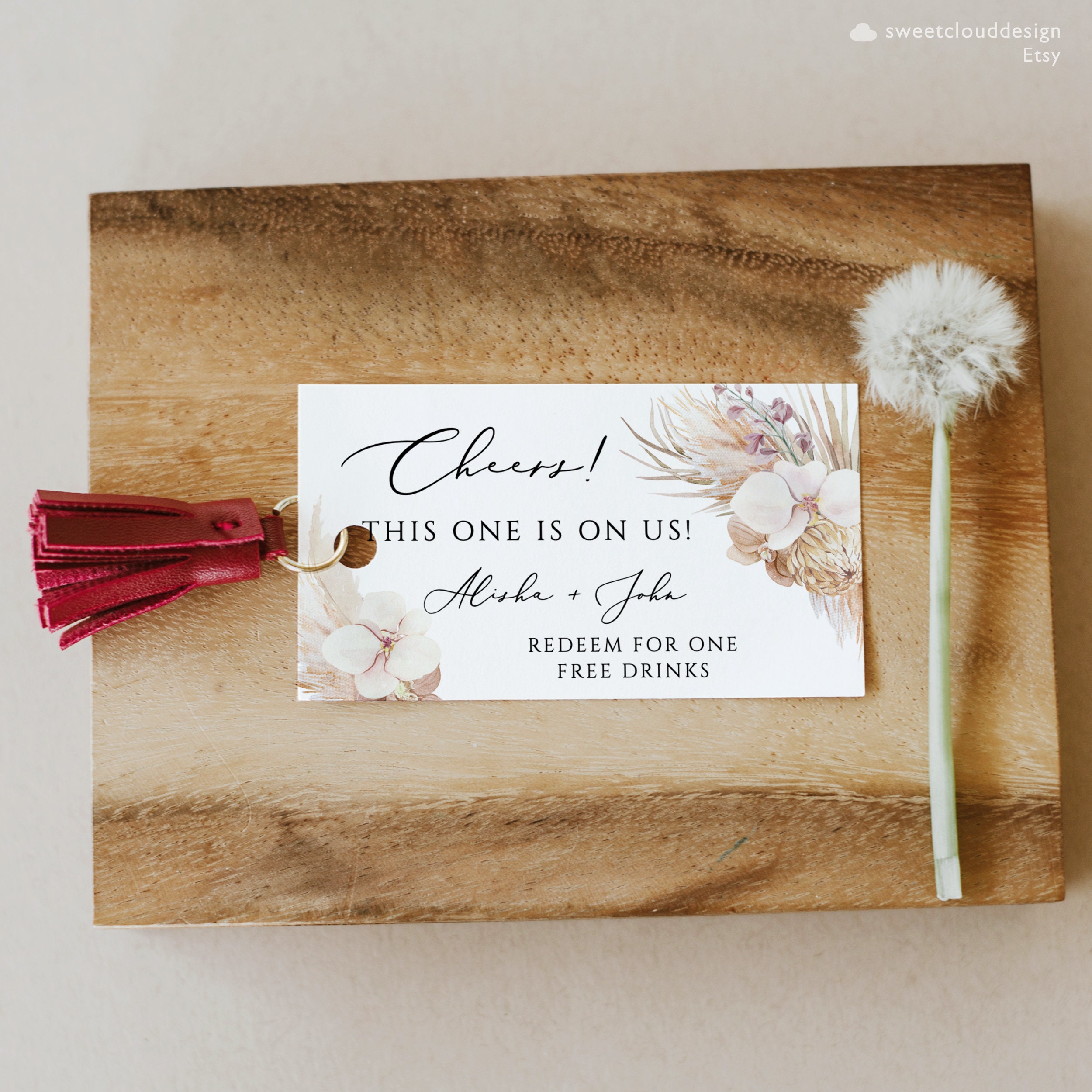 BOHO Drink Ticket Card Template Pampas Grass This One's on Us Wedding ...