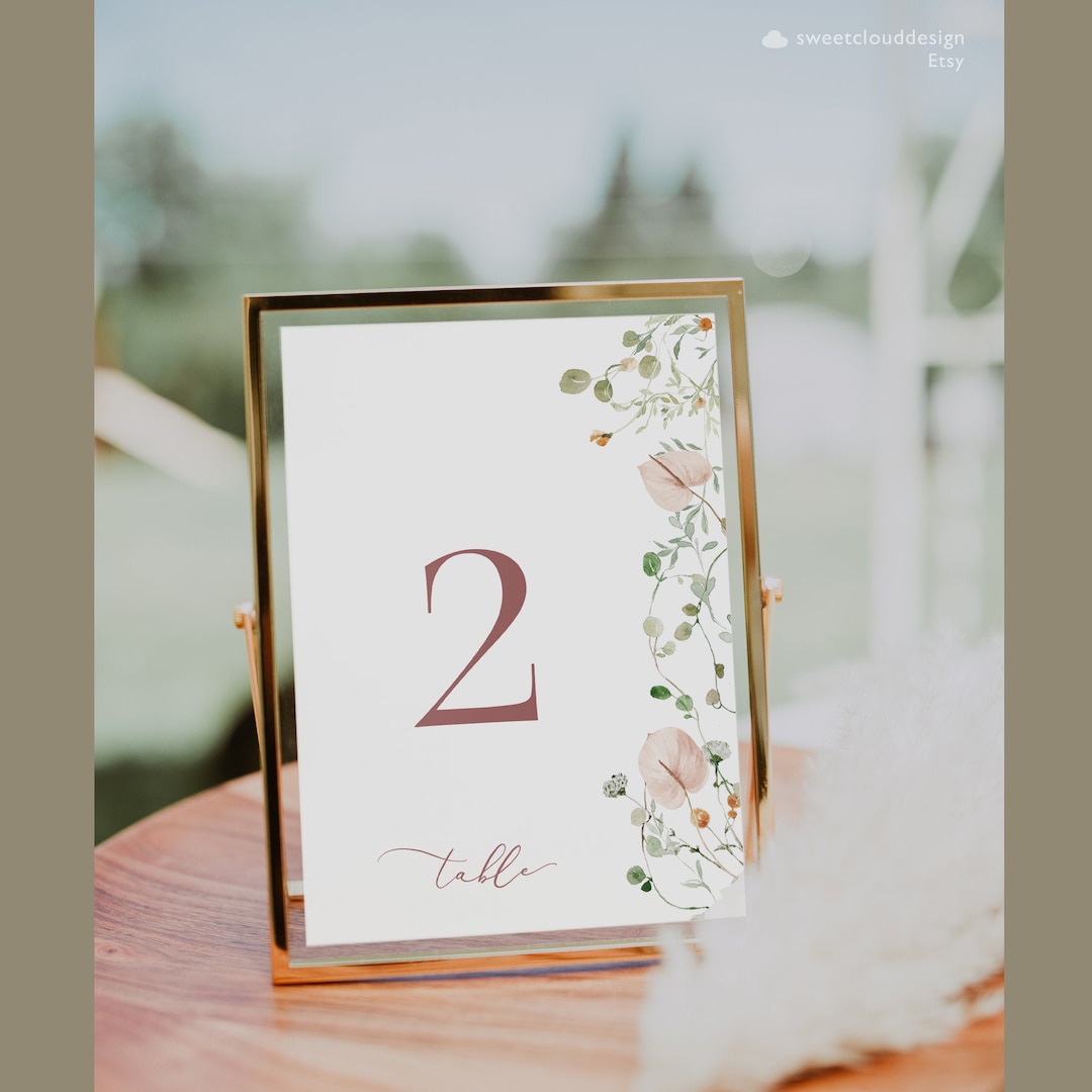 Spring Greenery Table Number Pink Flower Table Number Template Blush ...