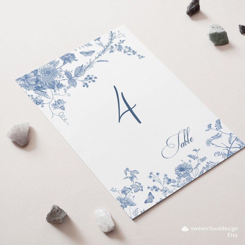 Dusty Blue Flower Table Number Template Steel Blue Floral Wedding Table ...