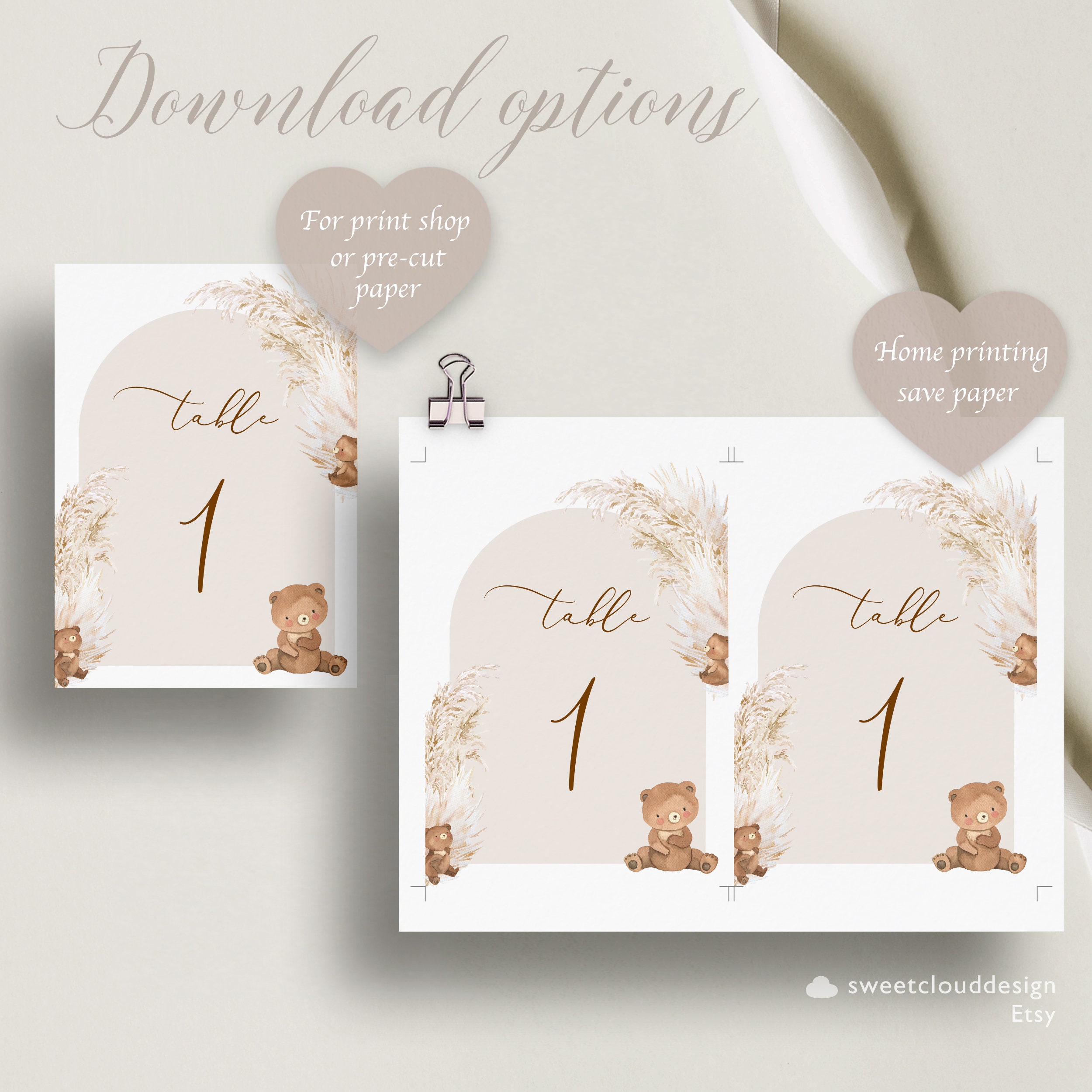 Teddy Bear Table Number Pampas Grass Teddy Bear Table Number Card Boho ...
