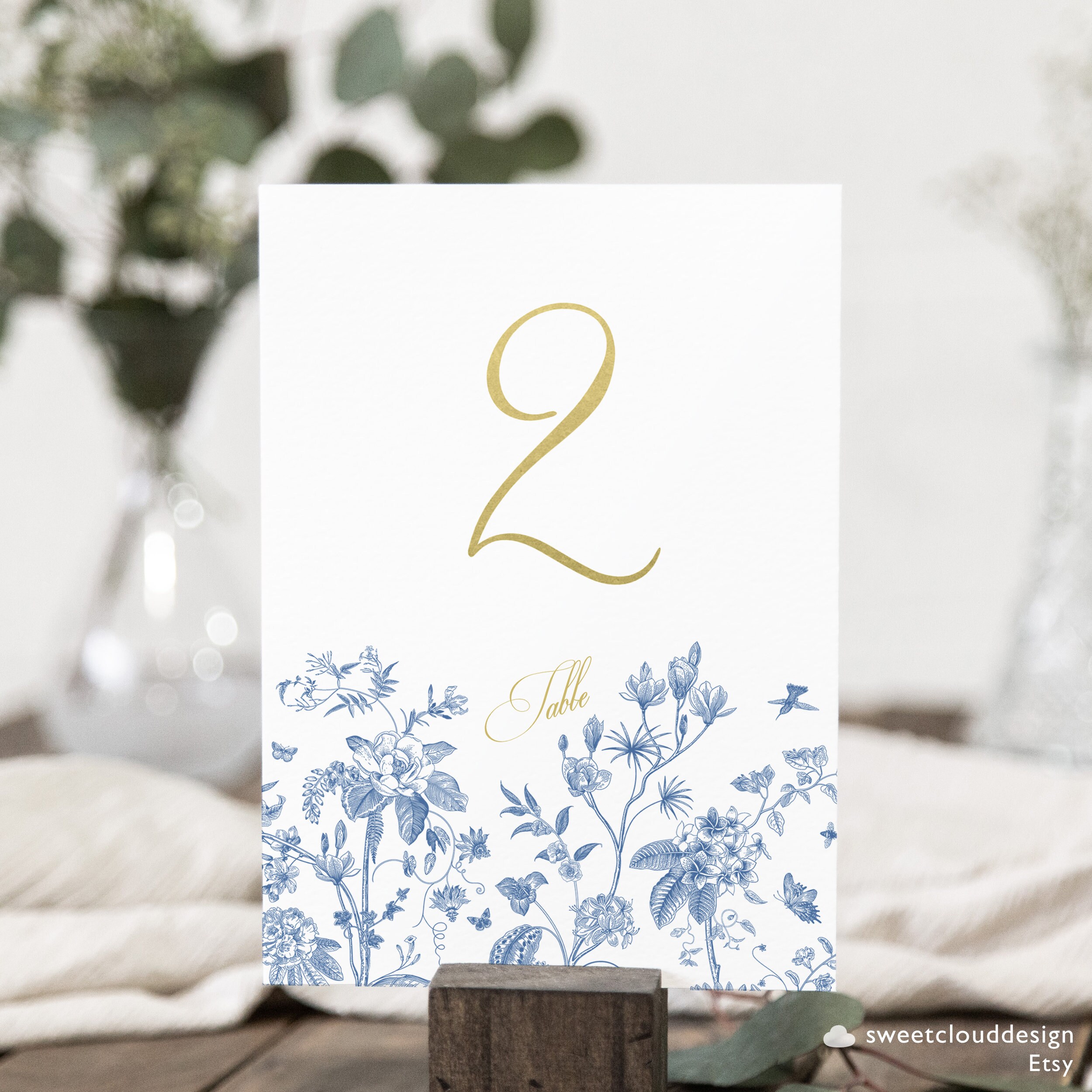 Dusty Blue Flower Gold Table Number Template Steel Blue Floral Gold ...