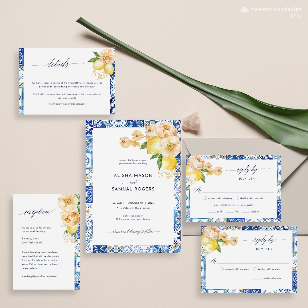 Positano Blue Tile Invitation Set Sunflower Lemon Wedding Invitation ...