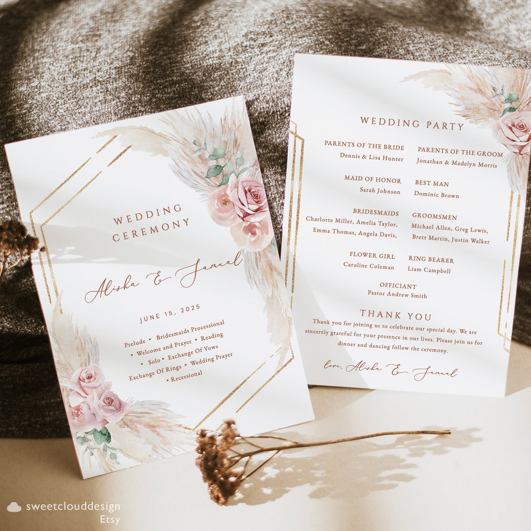 Dusty Pink Boho Wedding Program Template Printable Blush Boho Pink ...