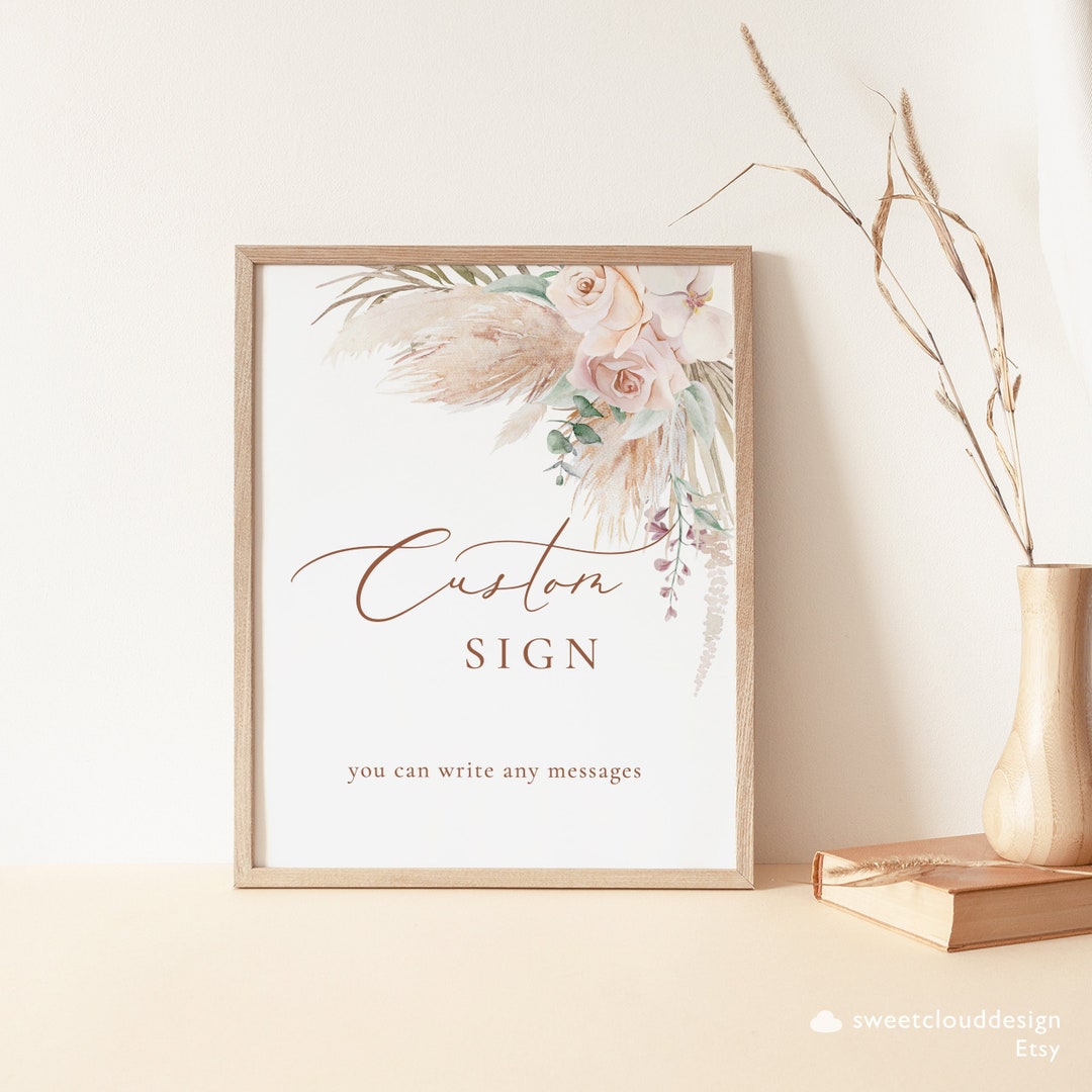 Boho Custom Table Sign Template Blush Floral Pampas Grass Editable ...