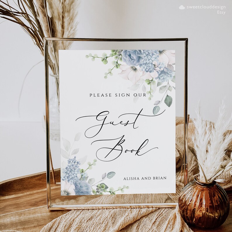 Soft Blue Floral Guest Book Table Sign Template, Dusty Blue Sign Our ...