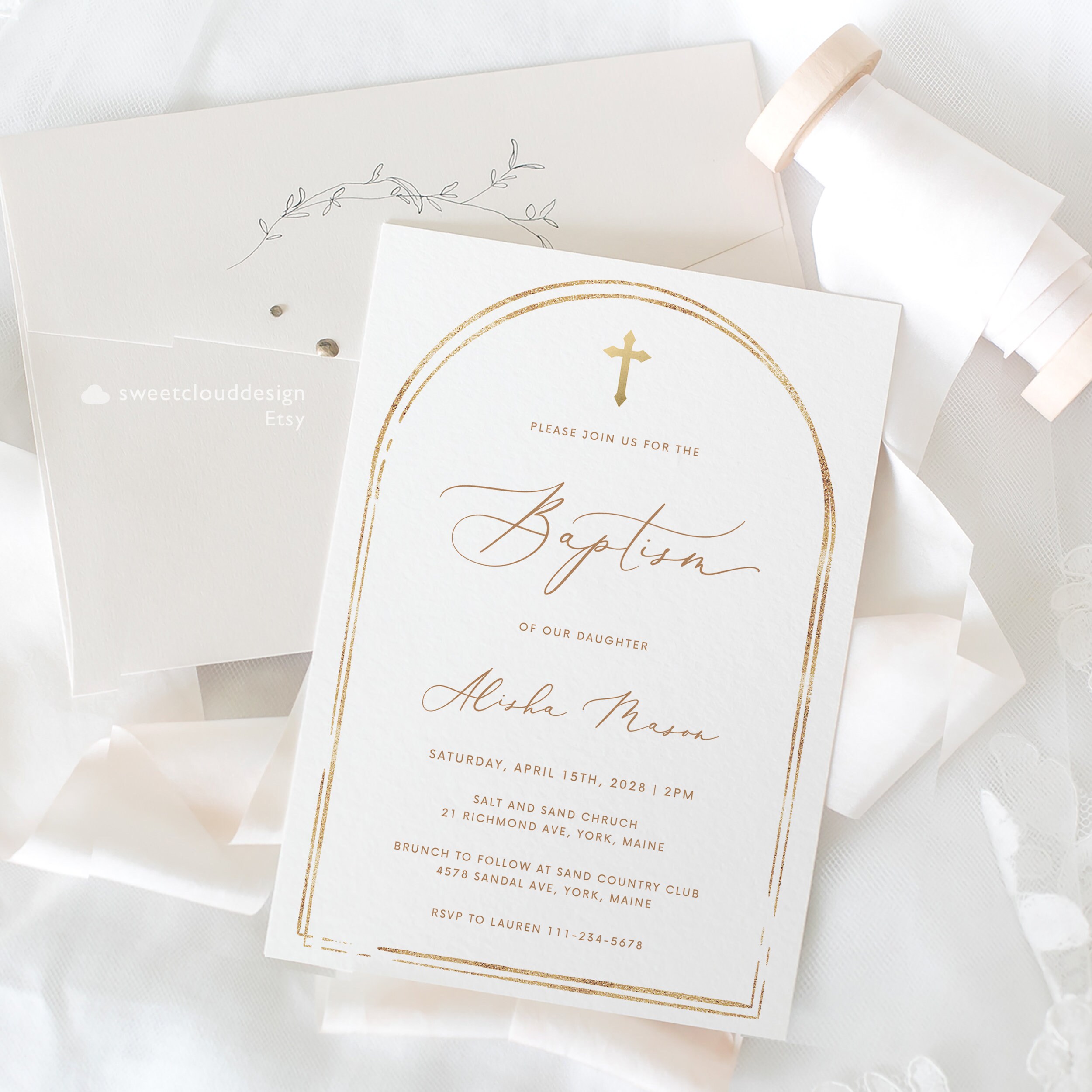 Gold Cross Baptism Invitation Gold Frame Baptism Invite - Etsy