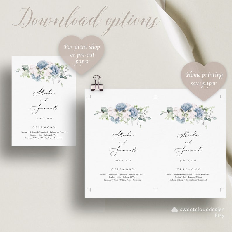 Dusty Blue Floral Wedding Program Template Steel Blue Editable - Etsy