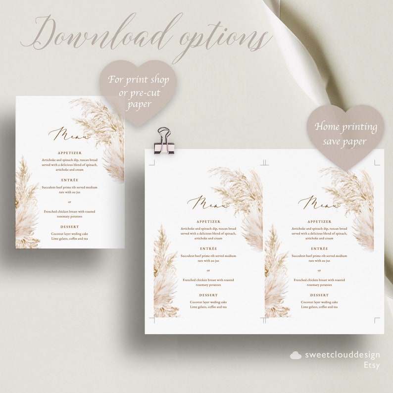 Pampas Grass Menu Card Template BOHO Pampas Grass Printable Menu ...