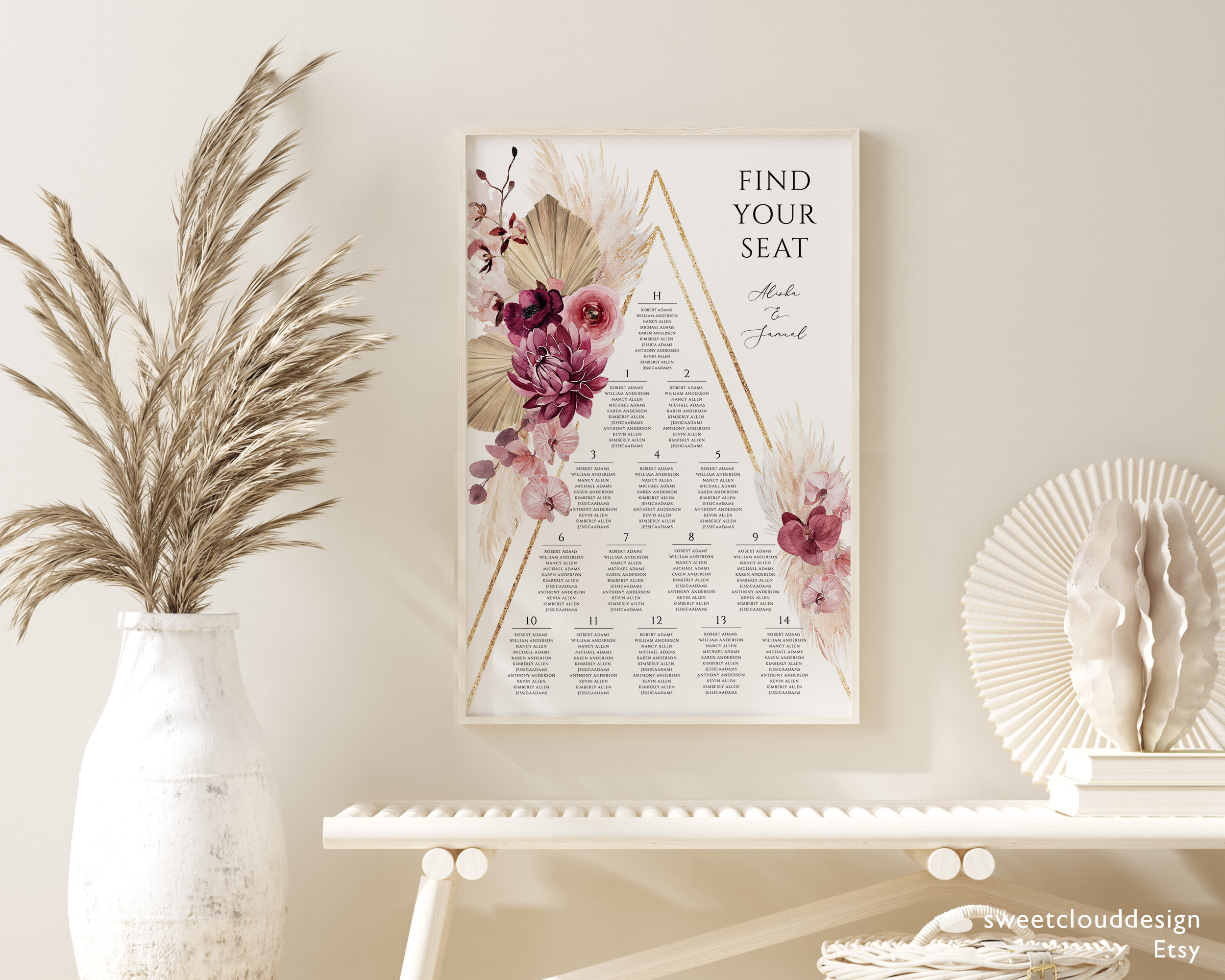 Burgundy Boho Seating Chart Sign Template Magenta Boho Teepee Chart ...