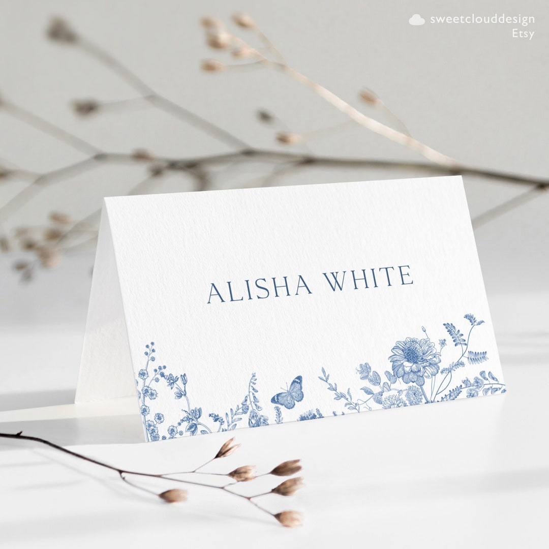 Dusty Blue Floral Place Cards Template Steel Blue Name Card Editable ...
