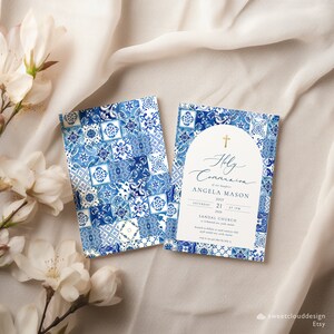 Blue Tile Holy Communion Invitation Template Mediterranean Tile First ...