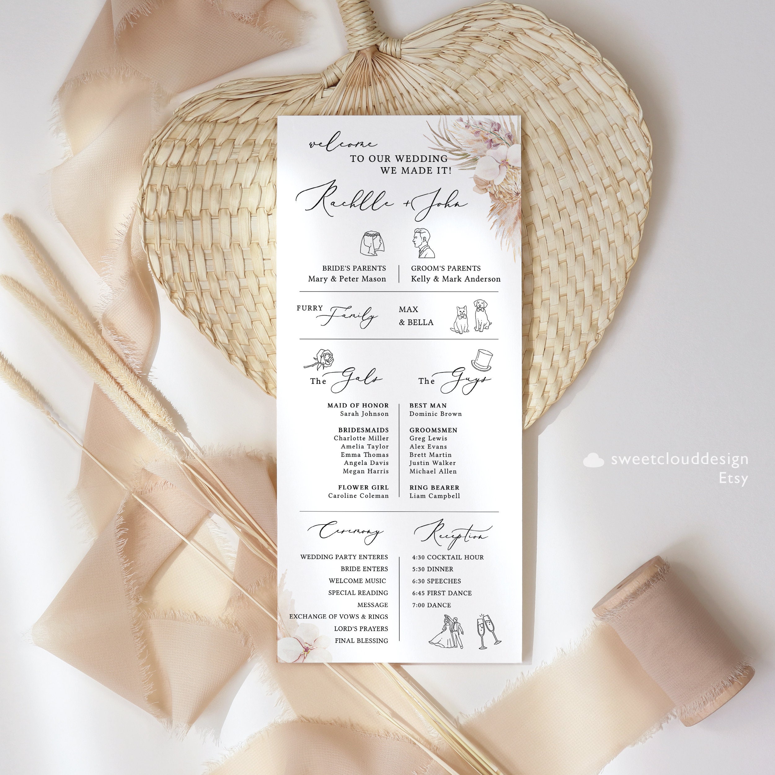 Boho Infographic Wedding Program Fun Facts Pampas Grass Icon - Etsy